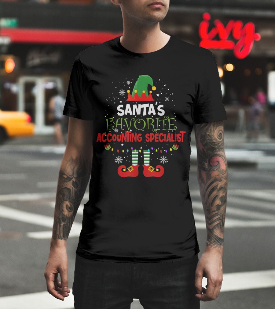 Santa's Favorite Accounting Specialist Elf Theme With Christmas Snowflakes And Gifts T-Shirt