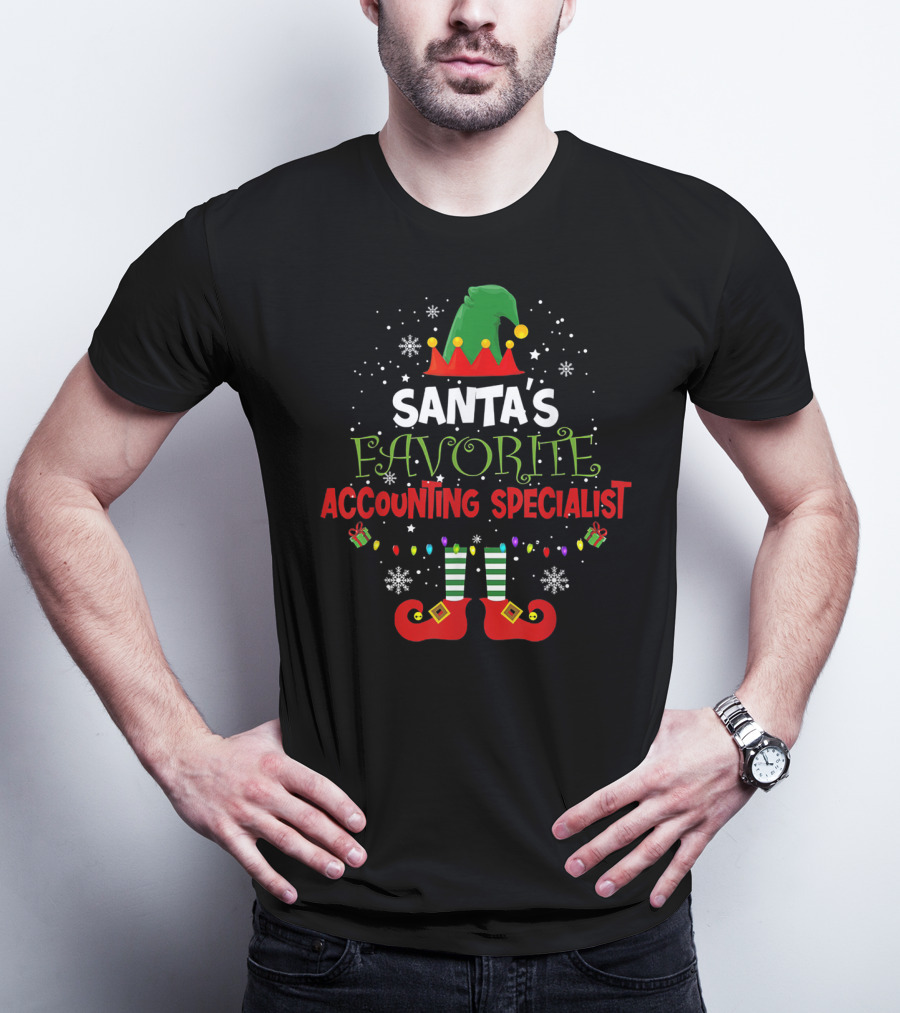 Santa's Favorite Accounting Specialist Elf Theme With Christmas Snowflakes And Gifts T-Shirt