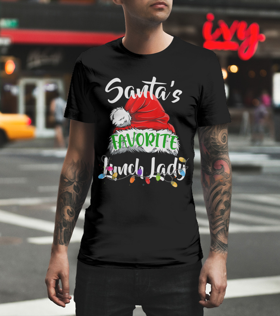 Santa's Favorite Lunch Lady Santa Hat Christmas Lights T-Shirt
