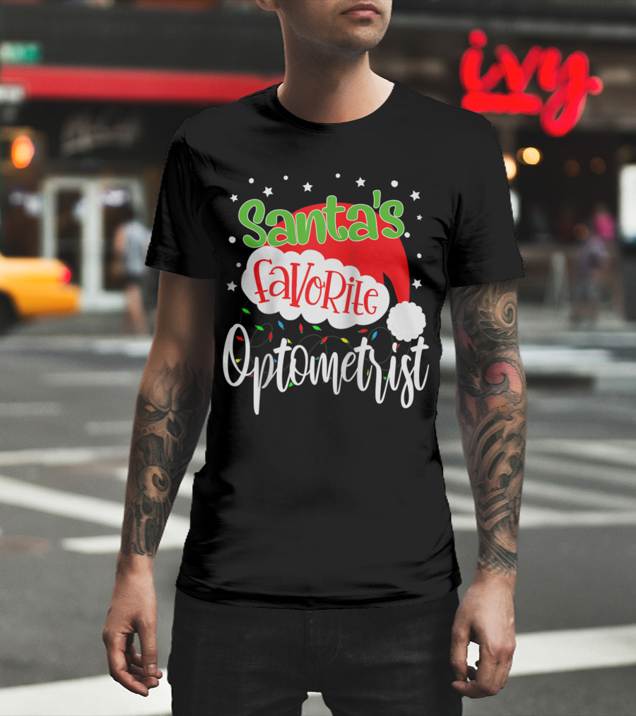 Santa's Favorite Optometrist Christmas Santa Hat And Lights T-Shirt