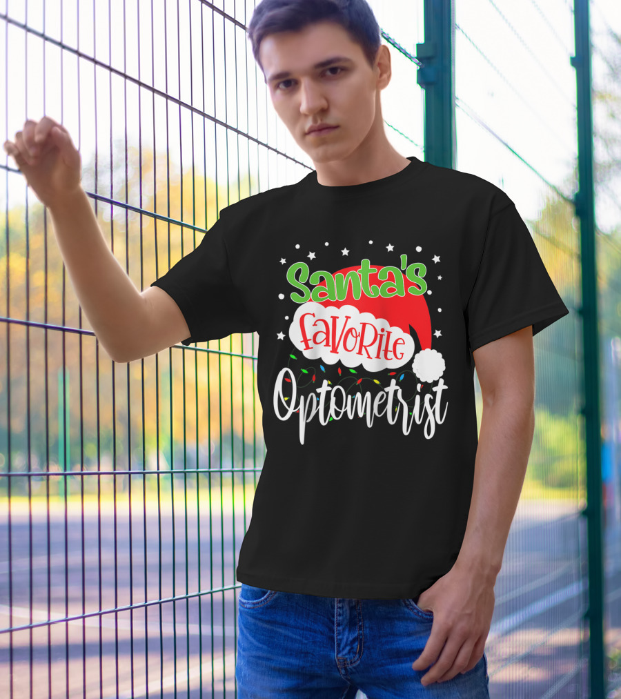 Santa's Favorite Optometrist Christmas Santa Hat And Lights T-Shirt