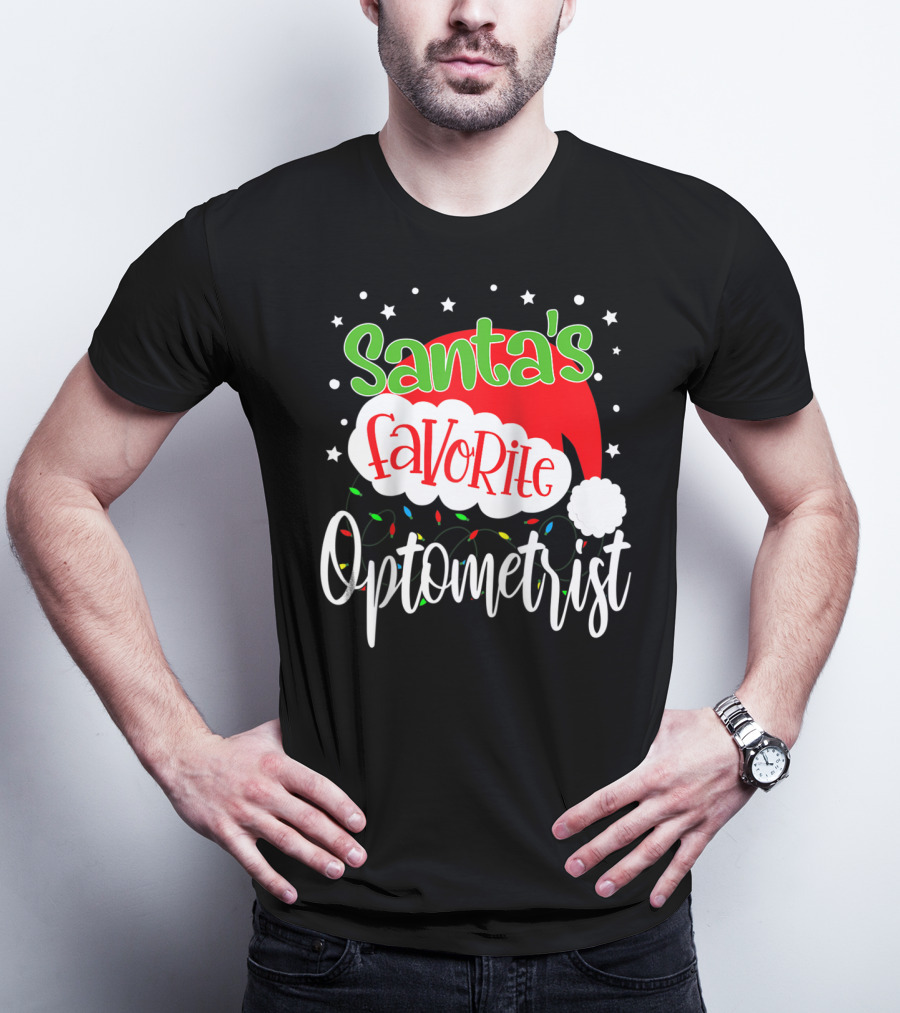 Santa's Favorite Optometrist Christmas Santa Hat And Lights T-Shirt
