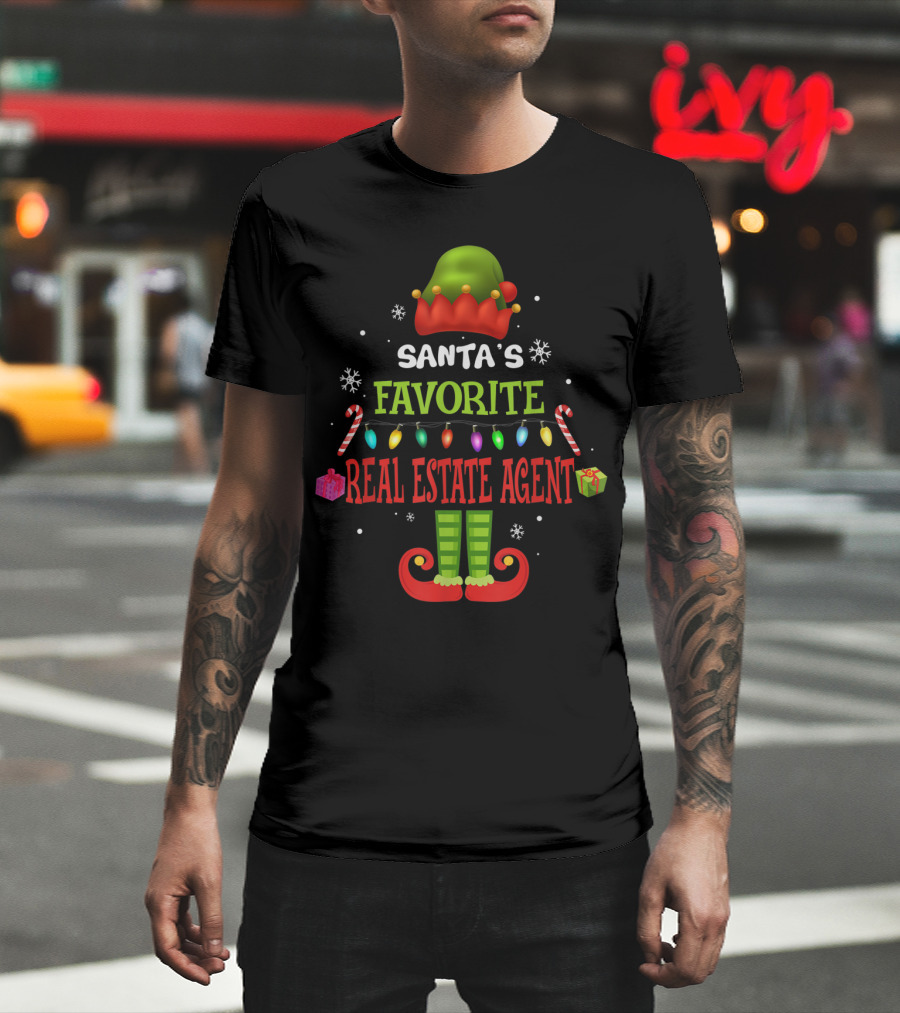 Santa's Favorite Real Estate Agent Christmas Elf Lights Candy Canes Gifts Snowflakes T-Shirt