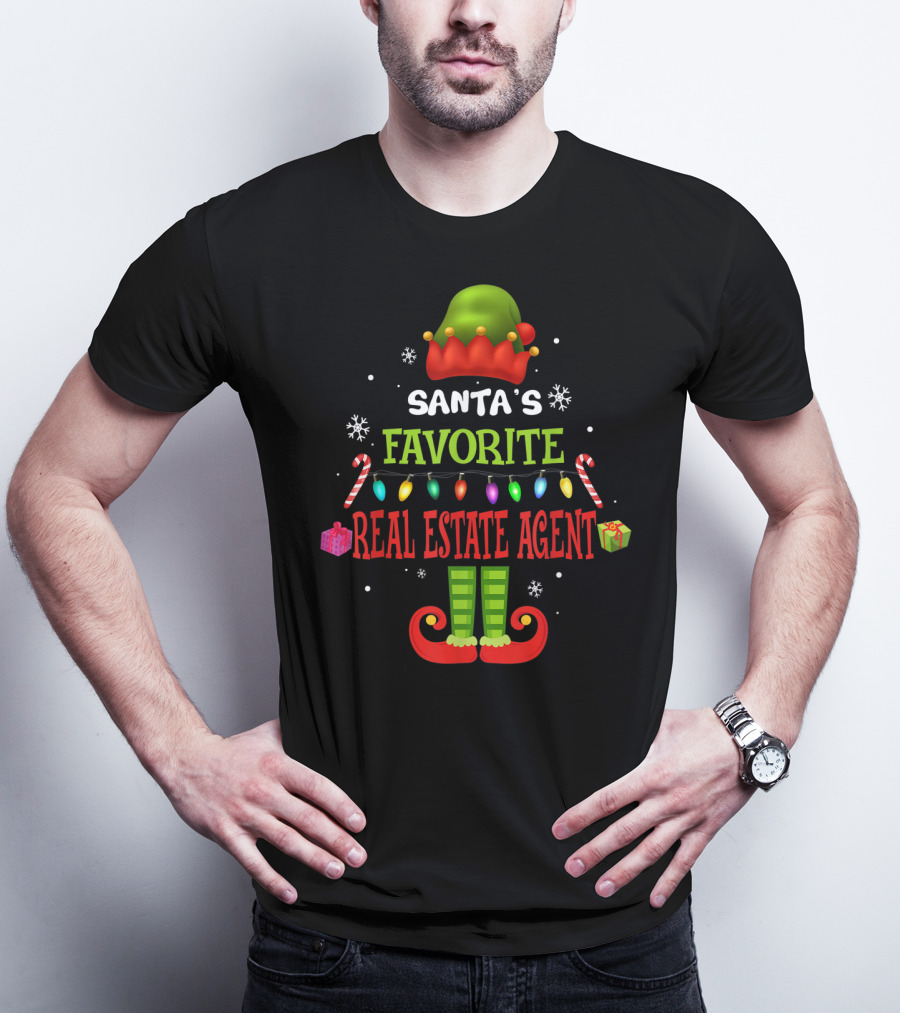 Santa's Favorite Real Estate Agent Christmas Elf Lights Candy Canes Gifts Snowflakes T-Shirt
