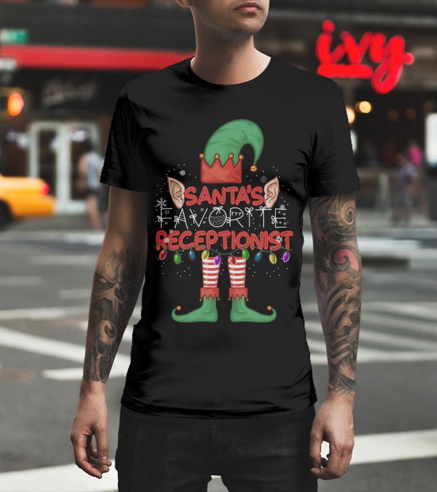 Santa's Favorite Receptionist Elf Hat Christmas Lights T-Shirt