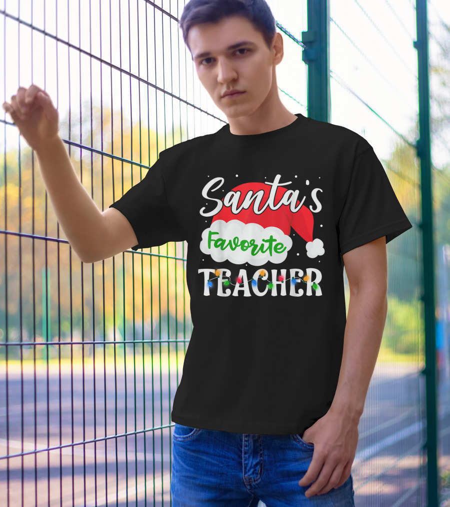 Santa's Favorite Teacher Holiday Santa Hat With Christmas Lights T-Shirt