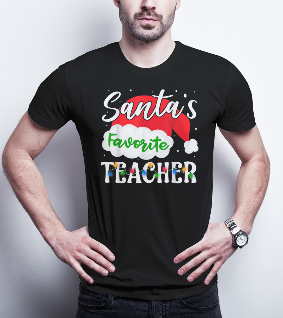 Santa's Favorite Teacher Holiday Santa Hat With Christmas Lights T-Shirt