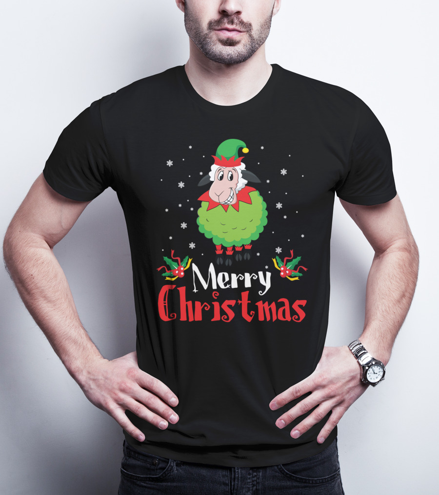 Merry Christmas Sheep In Elf Costume With Snowflakes T-Shirt