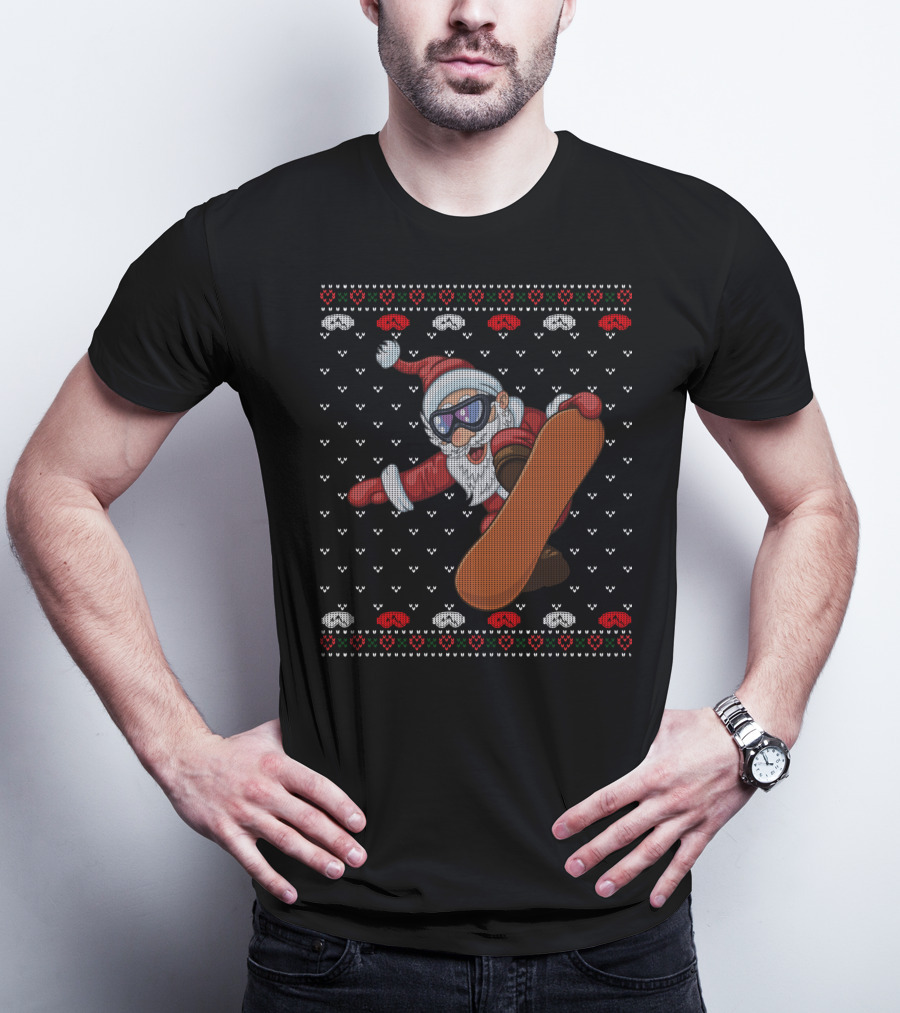 Snowboarding Santa With Goggles In Ugly Christmas T-Shirt