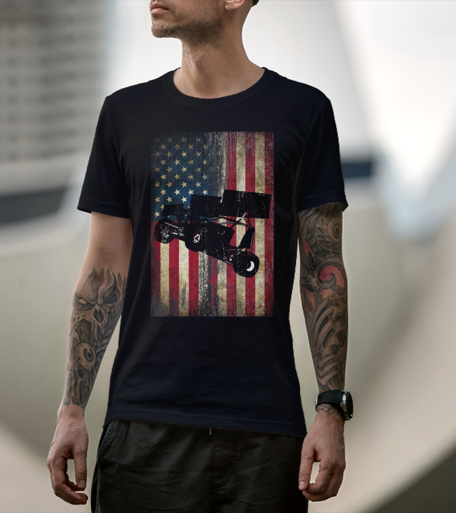 Sprint Car Dirt Track Racing American Flag Background T-Shirt