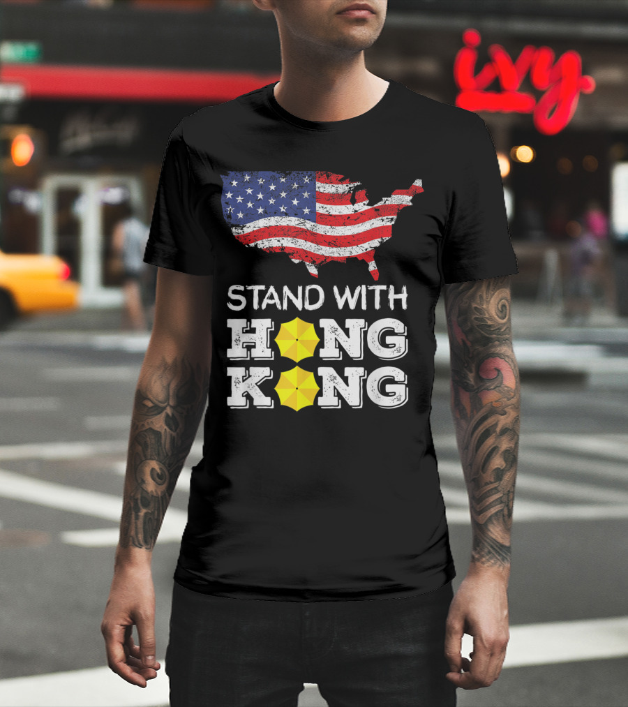 Stand With Hong Kong Strong American Flag Yellow Umbrella T-Shirt