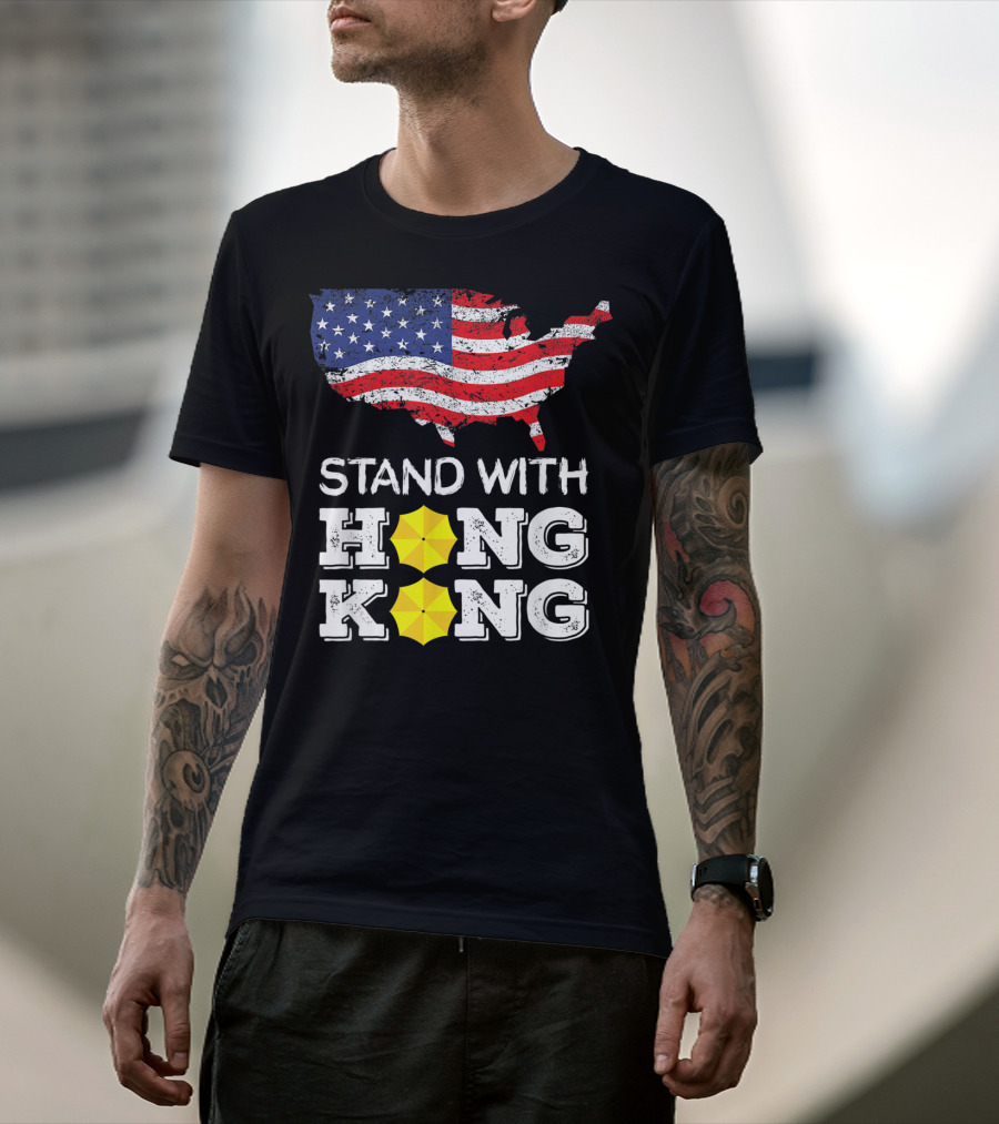 Stand With Hong Kong Strong American Flag Yellow Umbrella T-Shirt