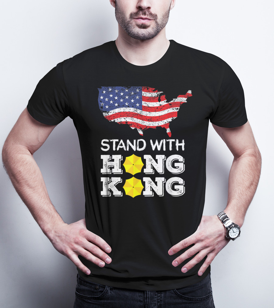 Stand With Hong Kong Strong American Flag Yellow Umbrella T-Shirt