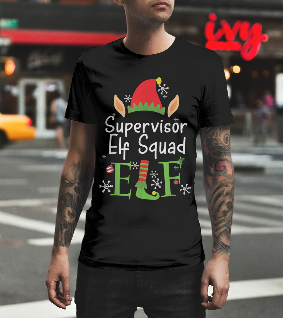 Supervisor Elf Squad Christmas Hat Snowflakes Ornaments T-Shirt