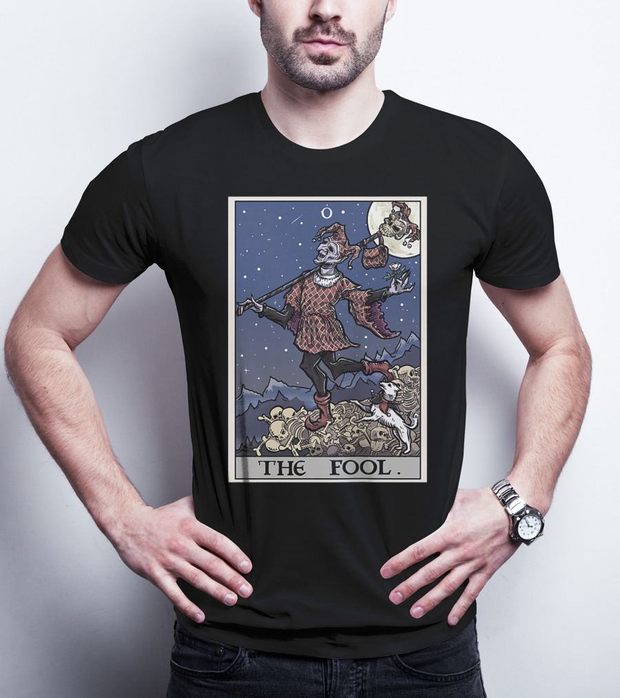The Fool Tarot Card Gothic Halloween Jester On Skull Pile T-Shirt