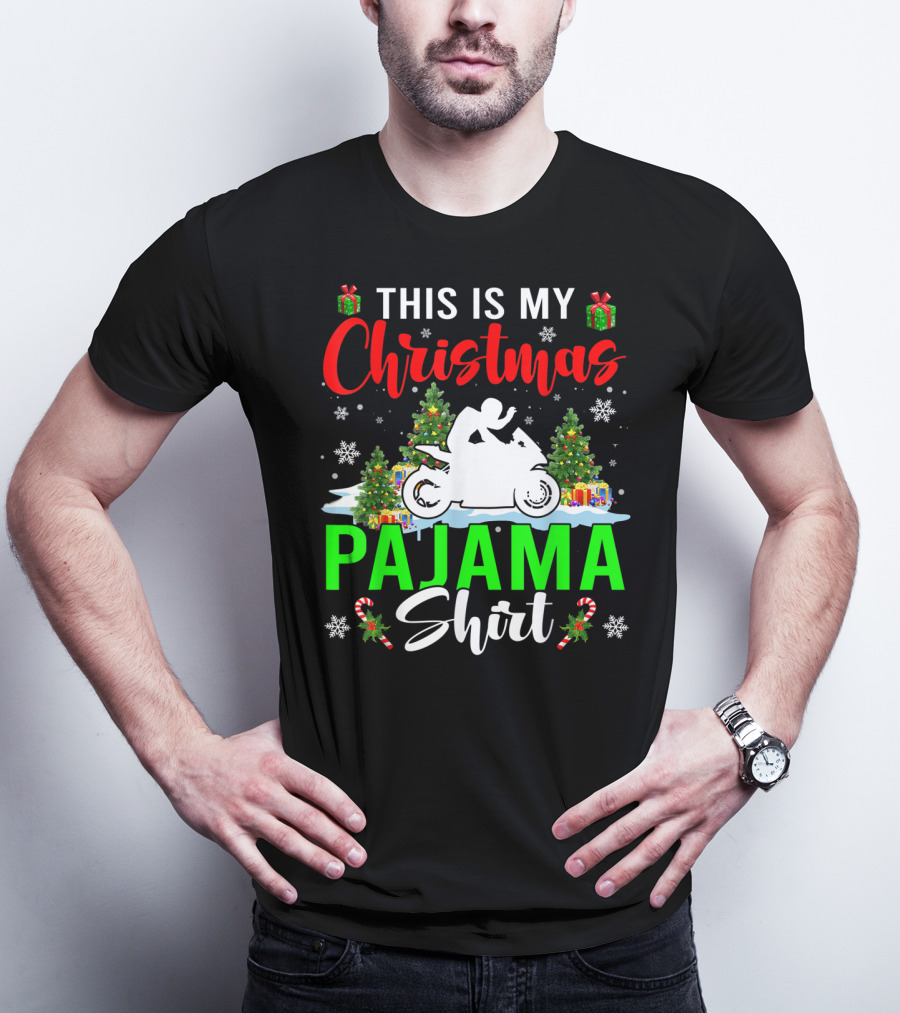 This Is My Christmas Pajama Shirt Snowflakes Motorbike Trees Presents T-Shirt
