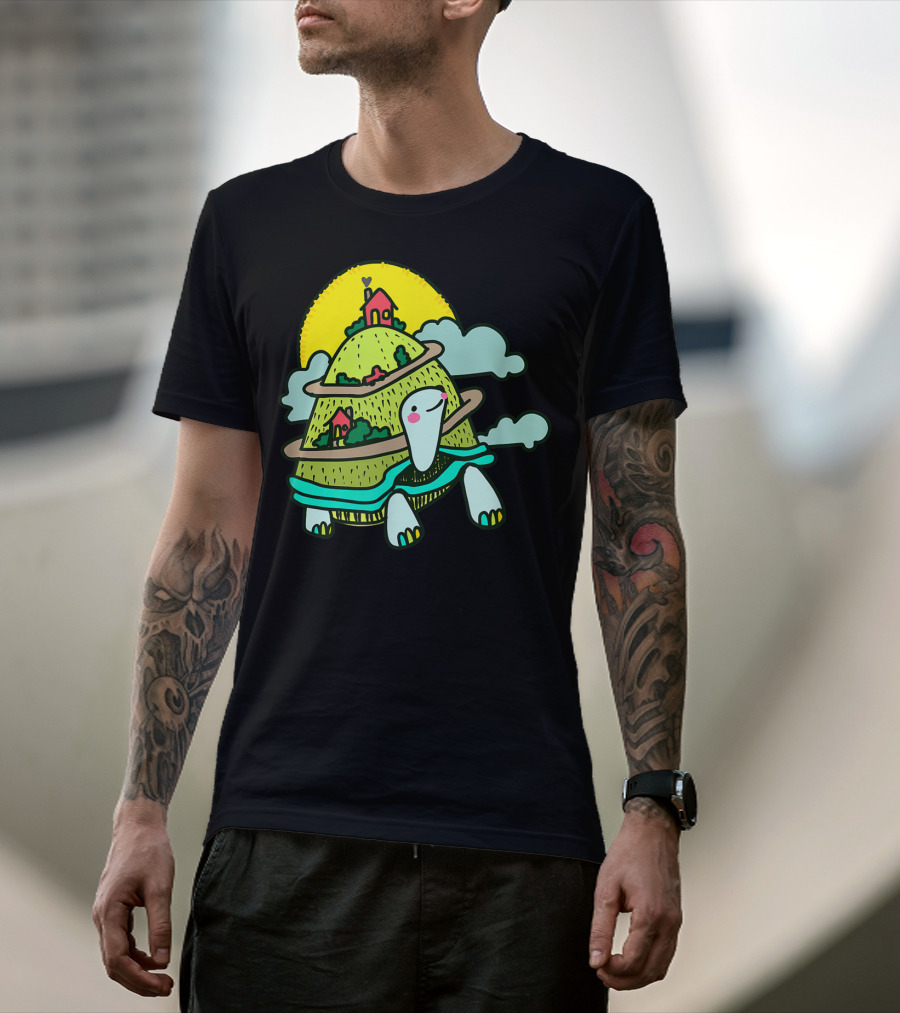 Turtle Life On A Mountain Path With Houses And Sun T-Shirt