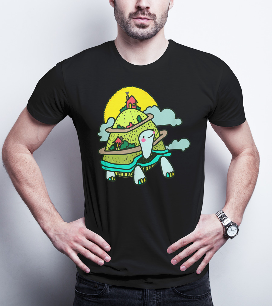 Turtle Life On A Mountain Path With Houses And Sun T-Shirt
