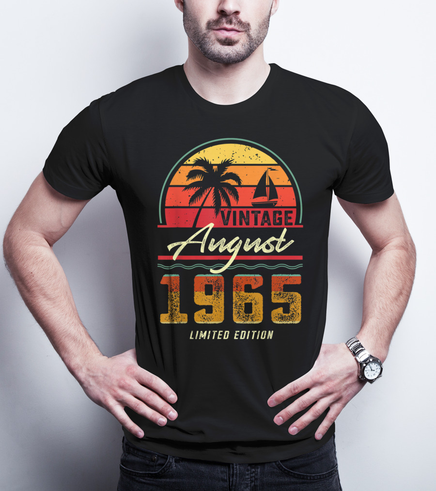 Vintage August 1965 Palm Tree And Sailboat Retro Sunset T-Shirt