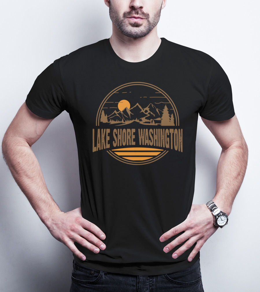 Lake Shore Washington Vintage Mountain Sunset Scene T-Shirt