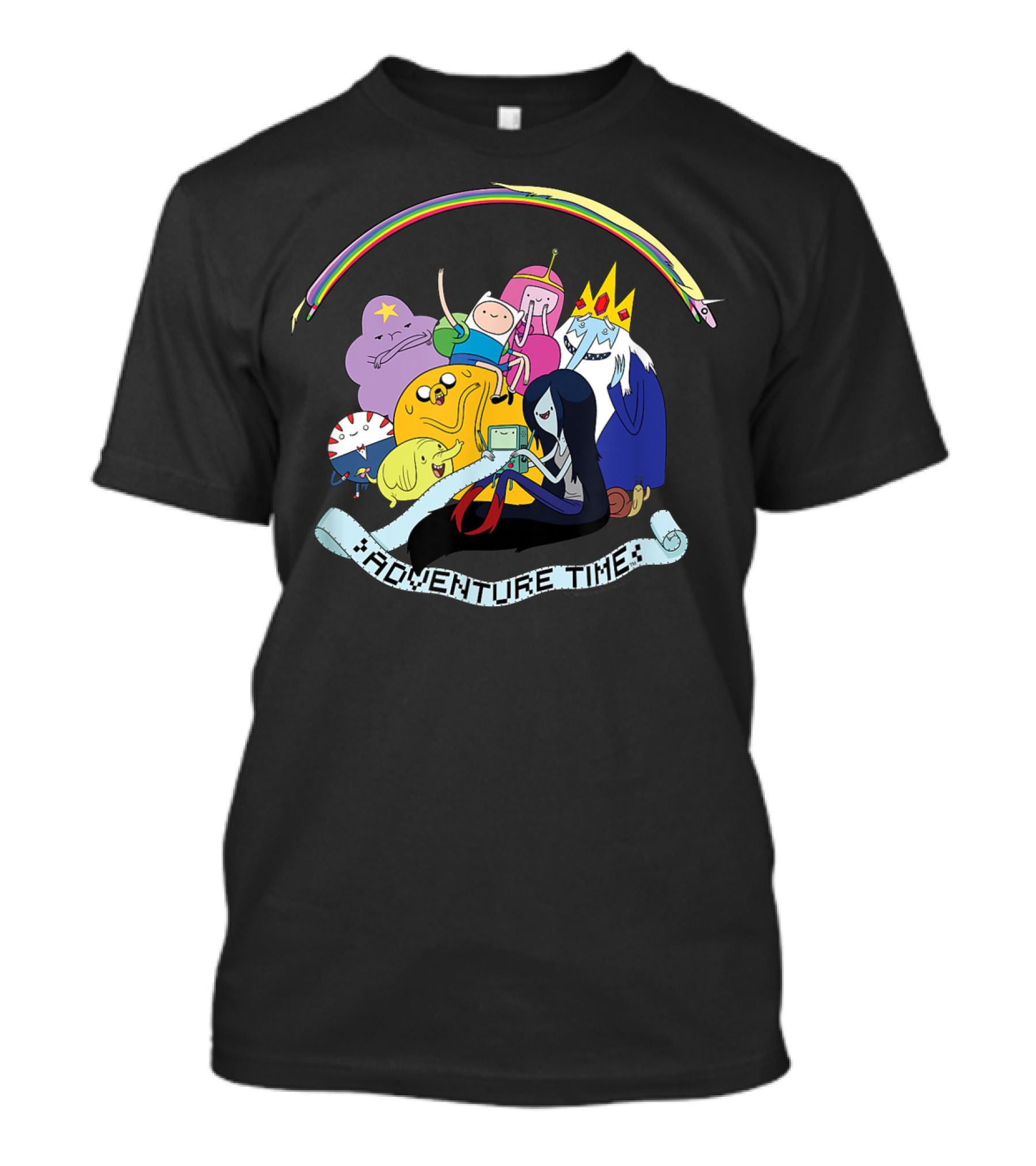 Adventure Time Characters Group With Rainbow And Script Banner T-Shirt