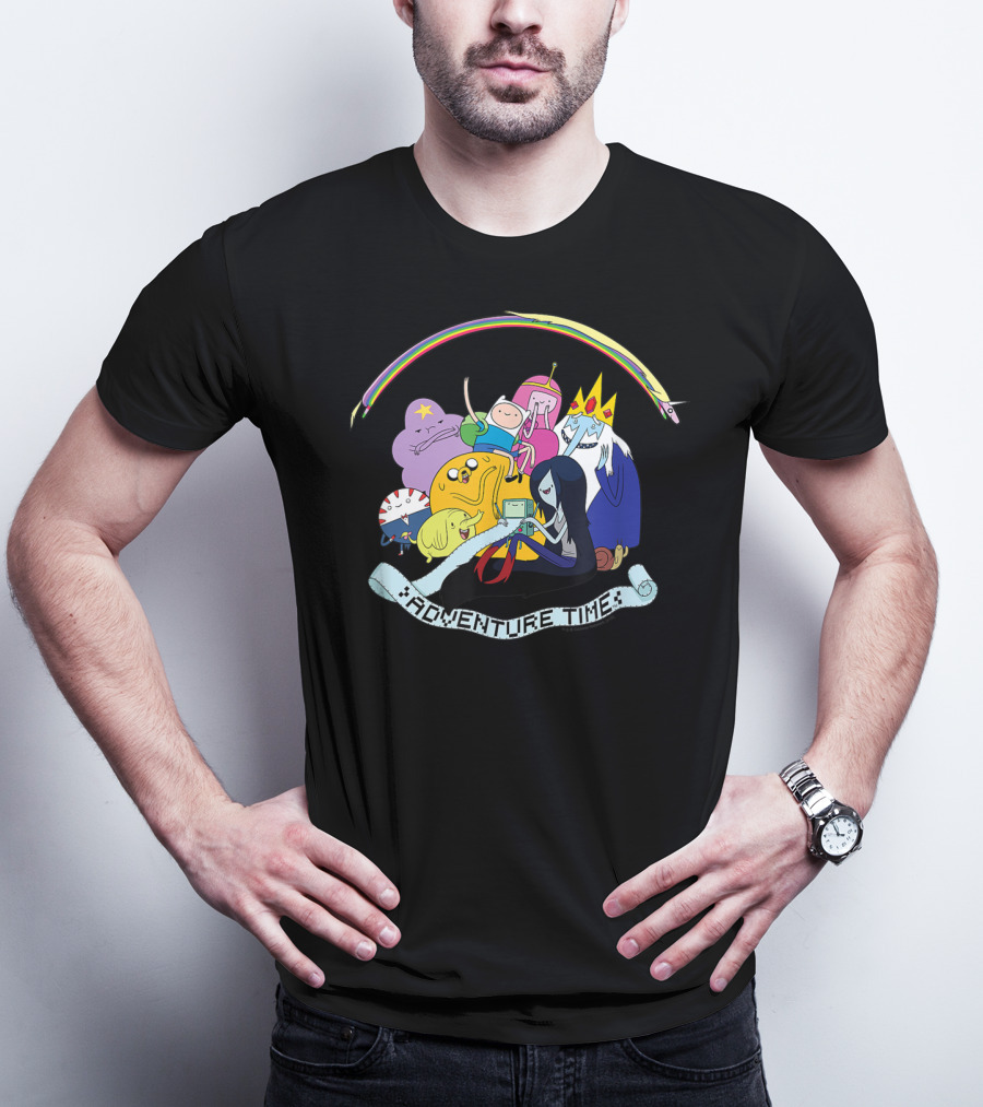 Adventure Time Characters Group With Rainbow And Script Banner T-Shirt