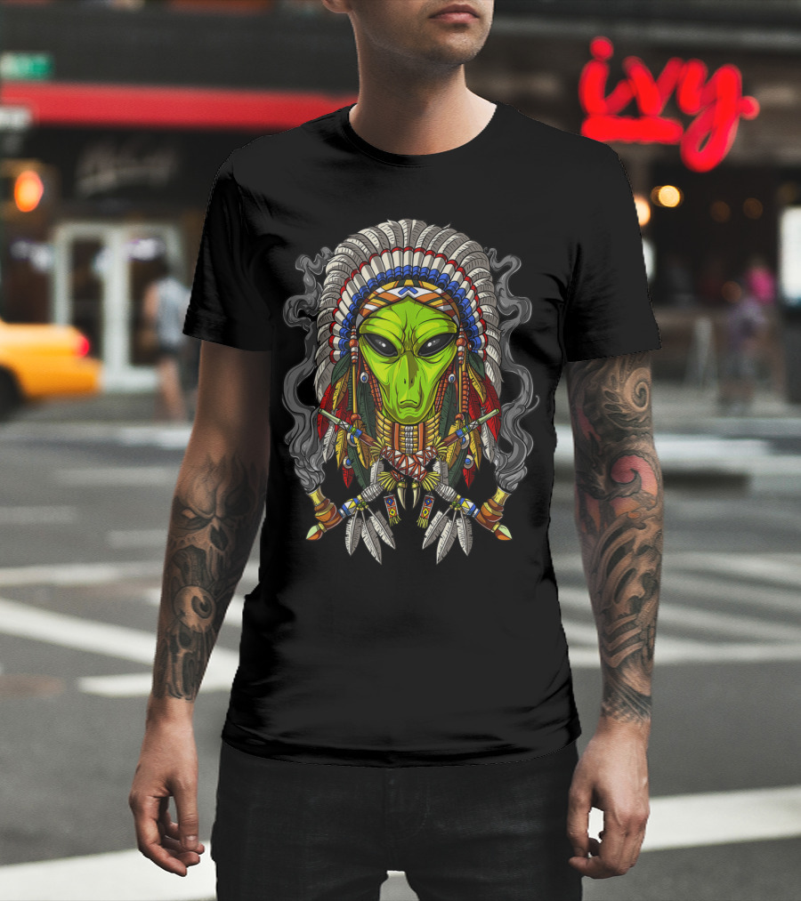 Alien Native American Chief Headdress Smoking Peace Pipes T-Shirt