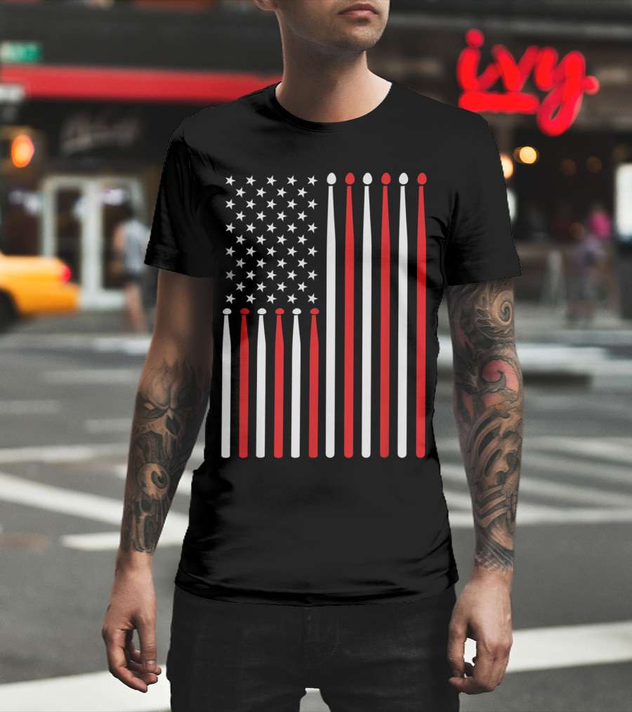 American Flag Drumsticks USA Drummer Musicians Patriotic T-Shirt