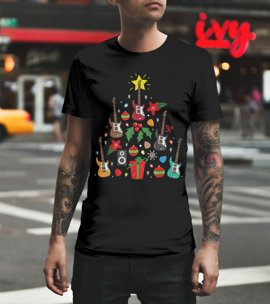 Bass Guitar Christmas Ornament Tree Music Holiday Festive Lights And Presents T-Shirt
