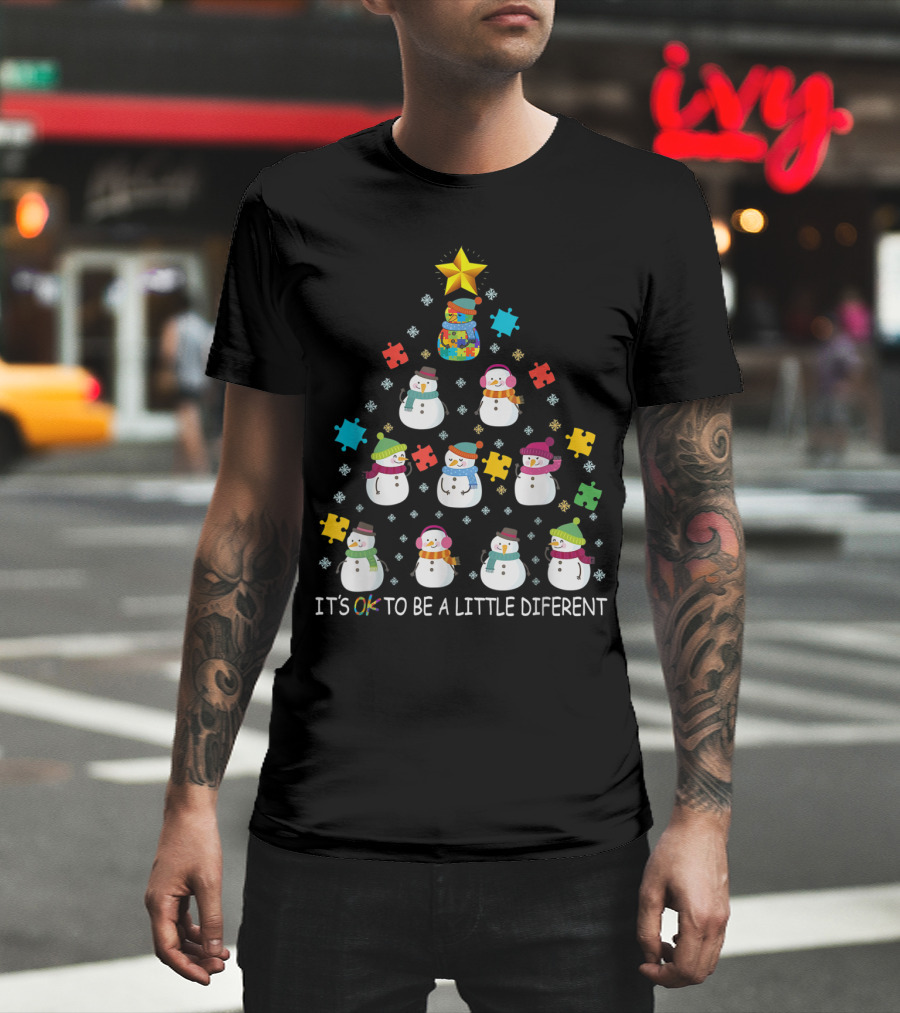IT'S OK TO BE A LITTLE DIFERENT Snowman Autism Puzzle Tree T-Shirt