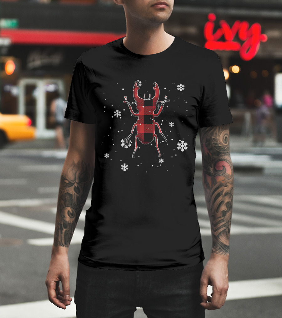 Bug Plaid Christmas Stag Beetle Snowflakes T-Shirt