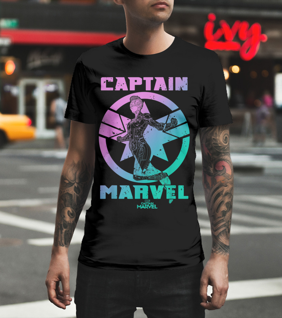 Captain Marvel Star Emblem Spectrum Heroine Pose T-Shirt