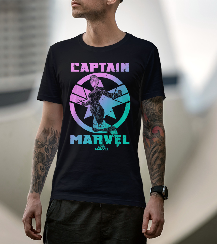 Captain Marvel Star Emblem Spectrum Heroine Pose T-Shirt