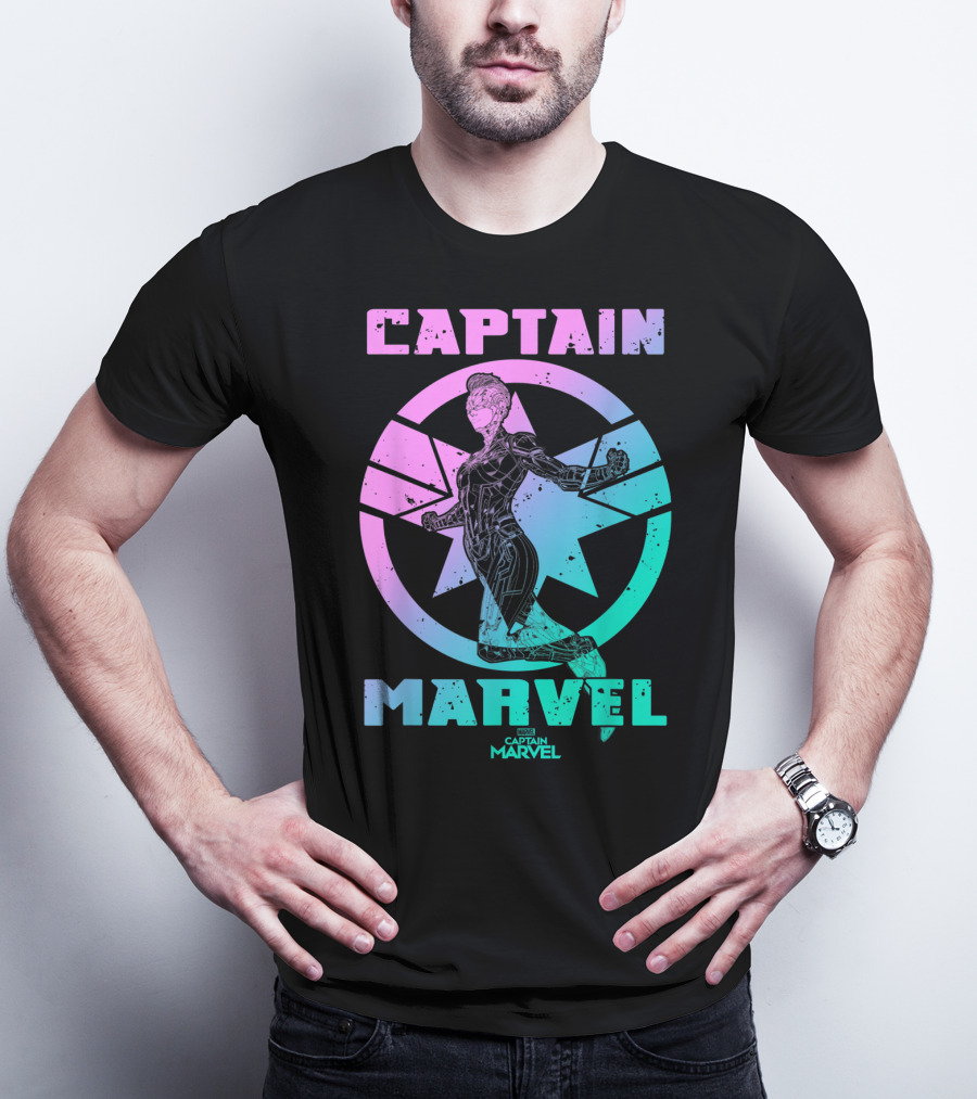 Captain Marvel Star Emblem Spectrum Heroine Pose T-Shirt