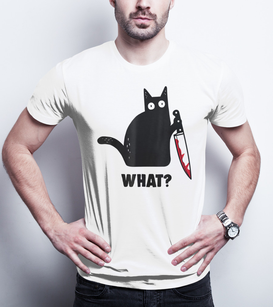 Funny Black Cat With Knife And What? T-Shirt