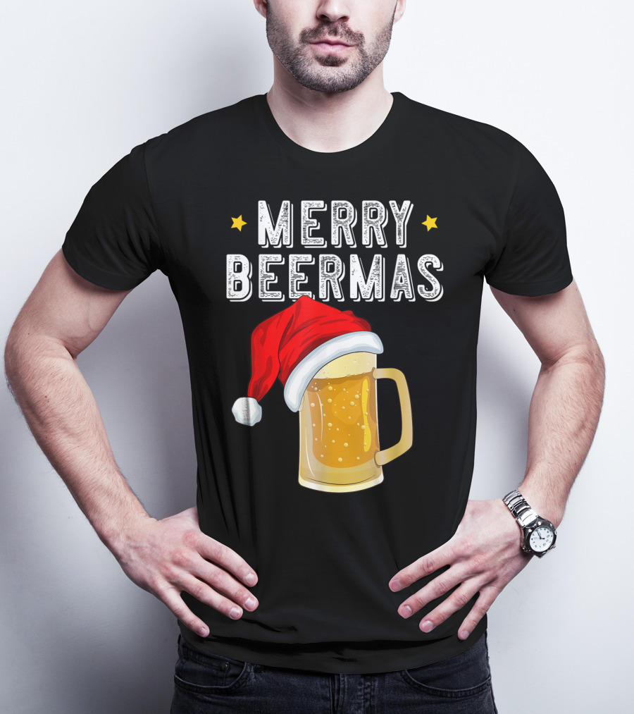 Merry Beermas Christmas Beer Santa Hat Beer Mug T-Shirt