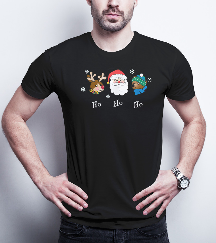 Christmas Ho Ho Ho Santa Reindeer Bear Snowflakes Fun Friendly T-Shirt