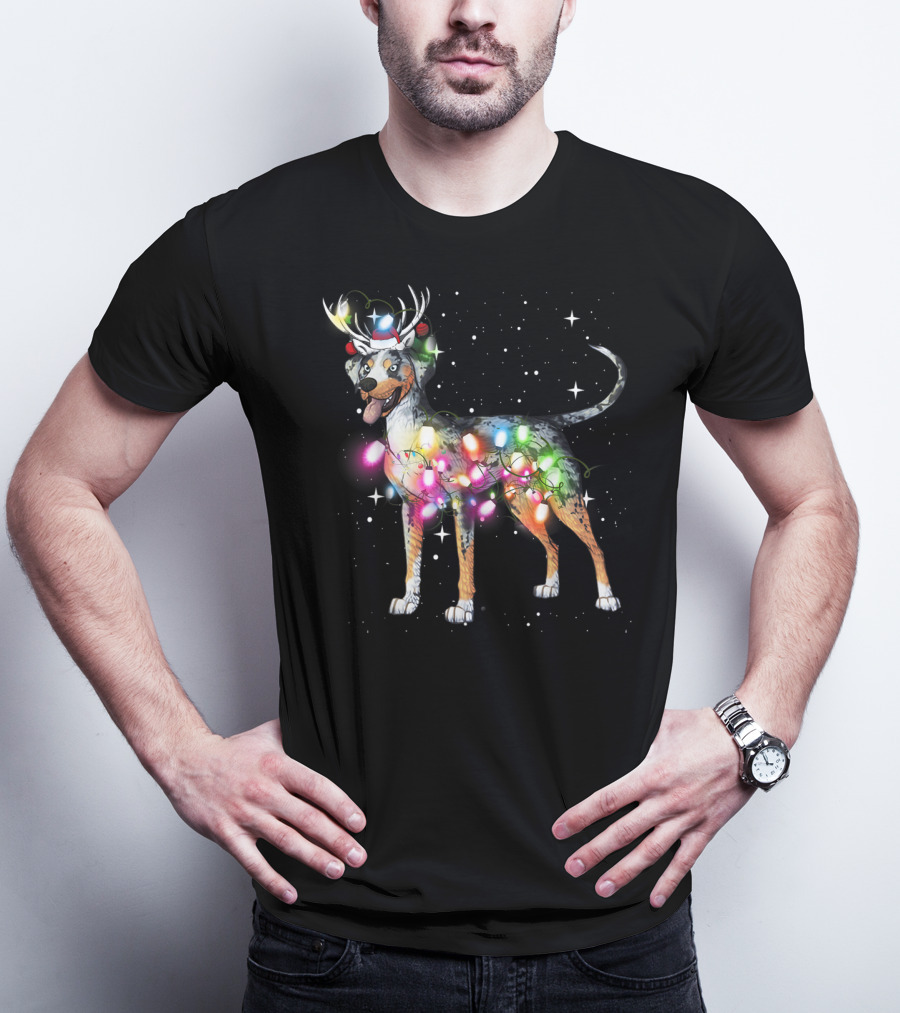 Catahoula Leopard Dog Wrapped In Christmas Lights With Reindeer Antlers And Santa Hat T-Shirt