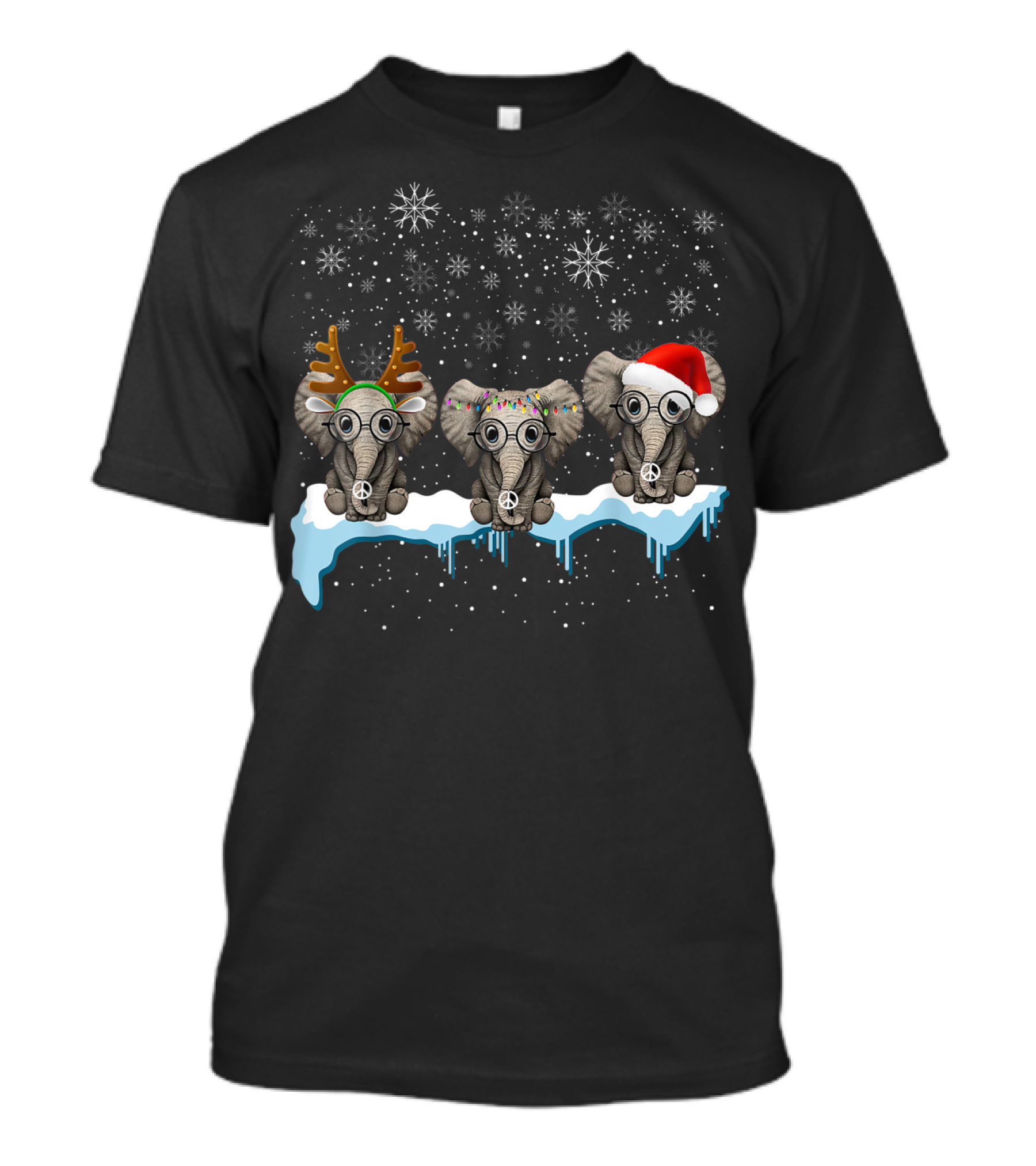 Christmas Three Hippie Elephants With Reindeer Antlers Santa Hat Peace Signs Snowflakes T-Shirt