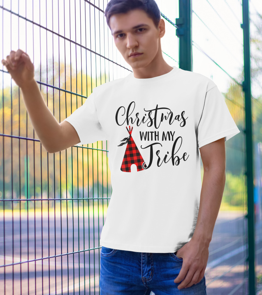 Christmas With My Tribe Teepee Buffalo Plaid Holiday T-Shirt