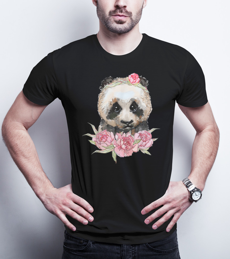 Baby Panda Bear With Pink Flower Crown And Blossoms T-Shirt