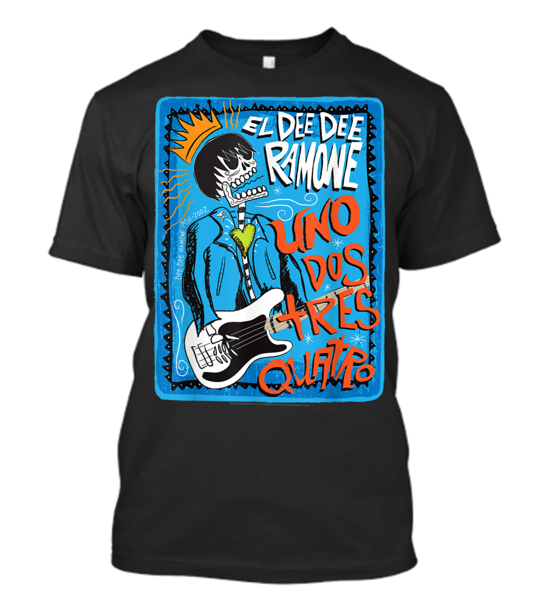 El Dee Dee Ramone Uno Dos Tres Quatro Skull Art With Crown And Heart Guitar T-Shirt