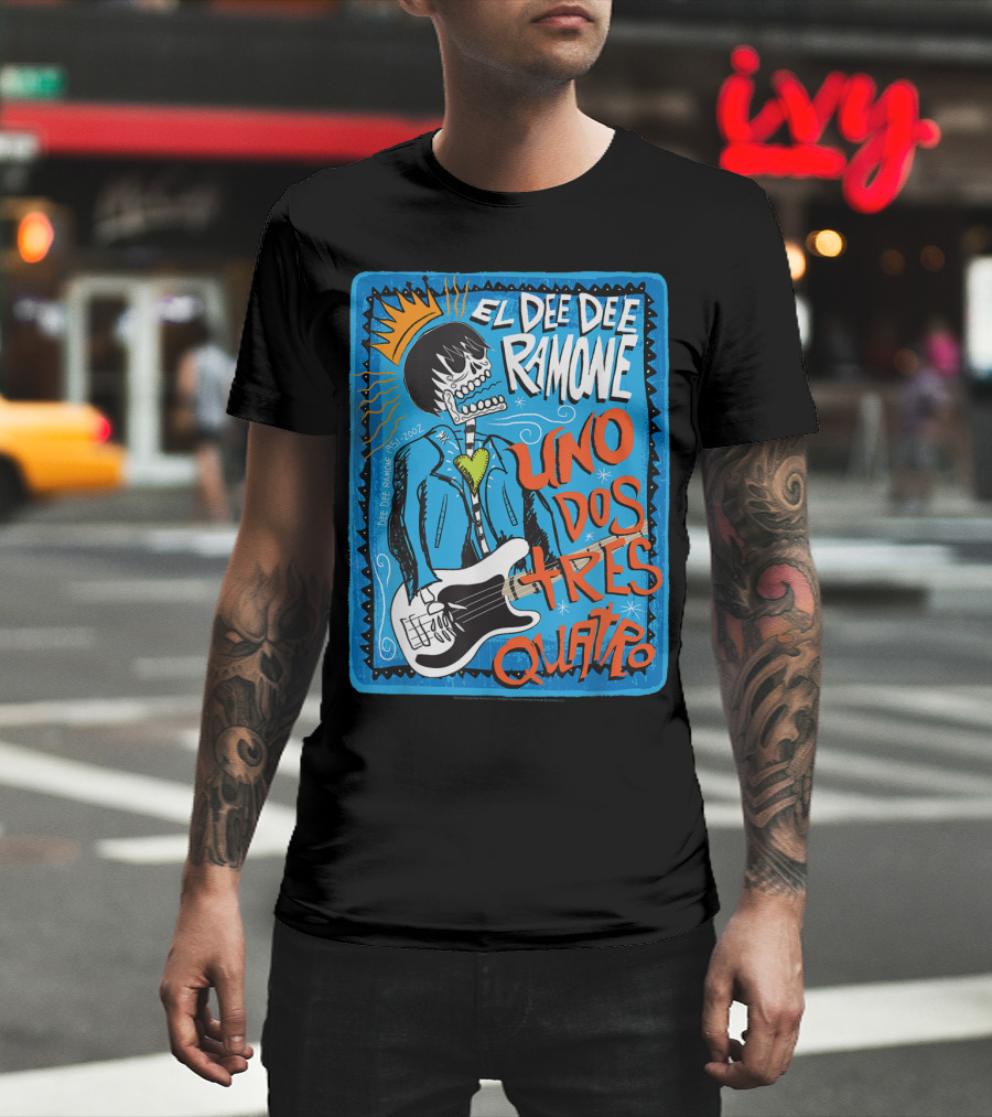 El Dee Dee Ramone Uno Dos Tres Quatro Skull Art With Crown And Heart Guitar T-Shirt