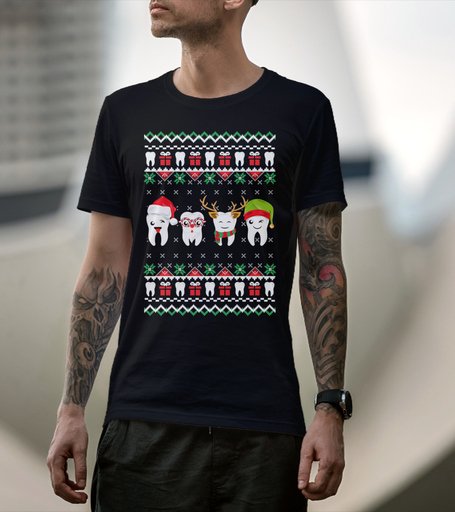 Dentist Ugly Christmas Teeth Santa Reindeer Glasses T-Shirt