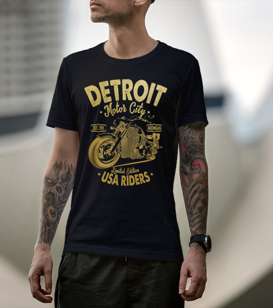 Detroit Motor City Michigan Est. 1701 USA Riders Gold Vintage T-Shirt