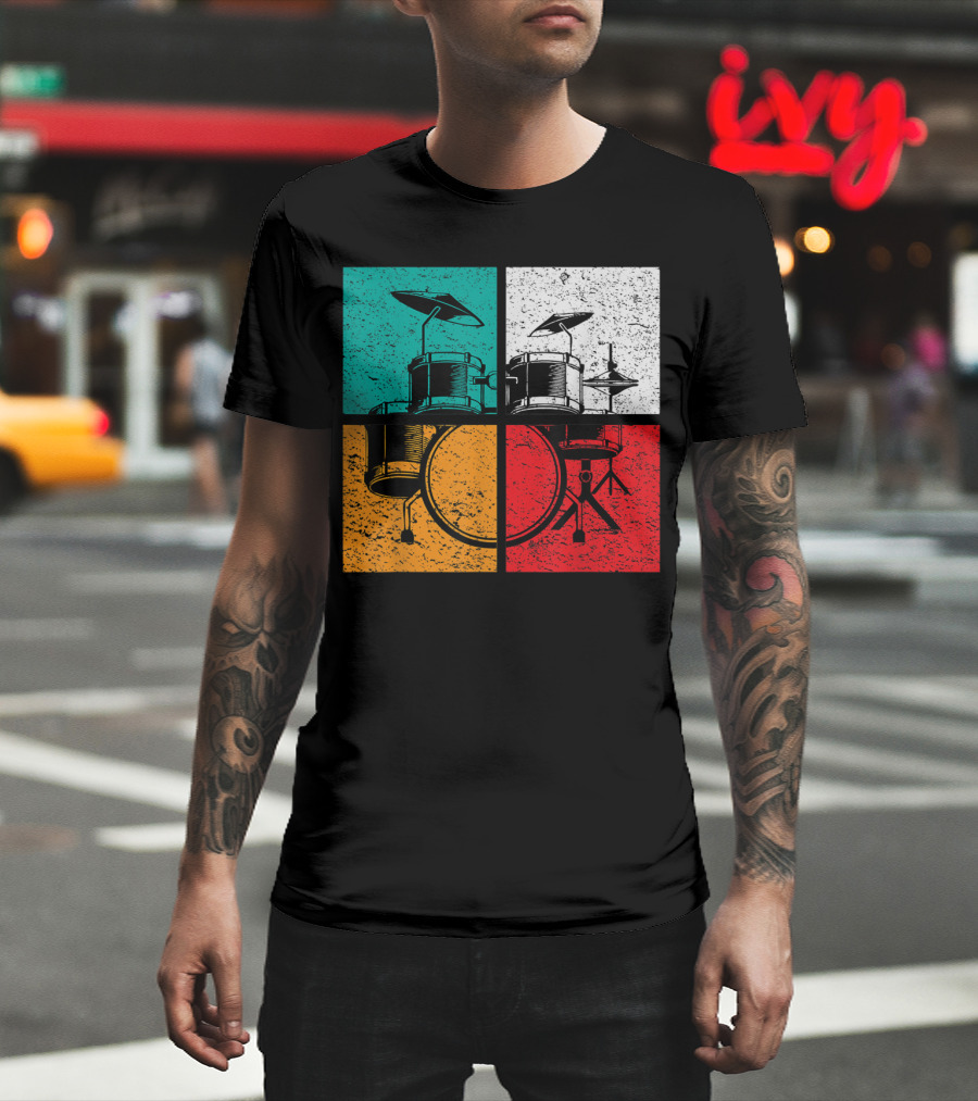 Drummer Drums Band Drumset Colorful Pop Art Squares T-Shirt
