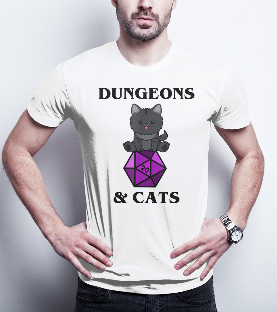 Dungeons And Cats Nerdy RPG Cat Sitting On D20 Dice T-Shirt