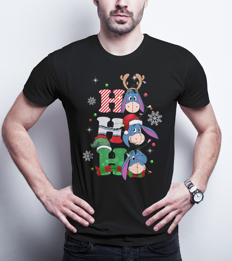 Eeyore Christmas Donkey Santa Reindeer Ho Ho Ho Snowflakes T-Shirt