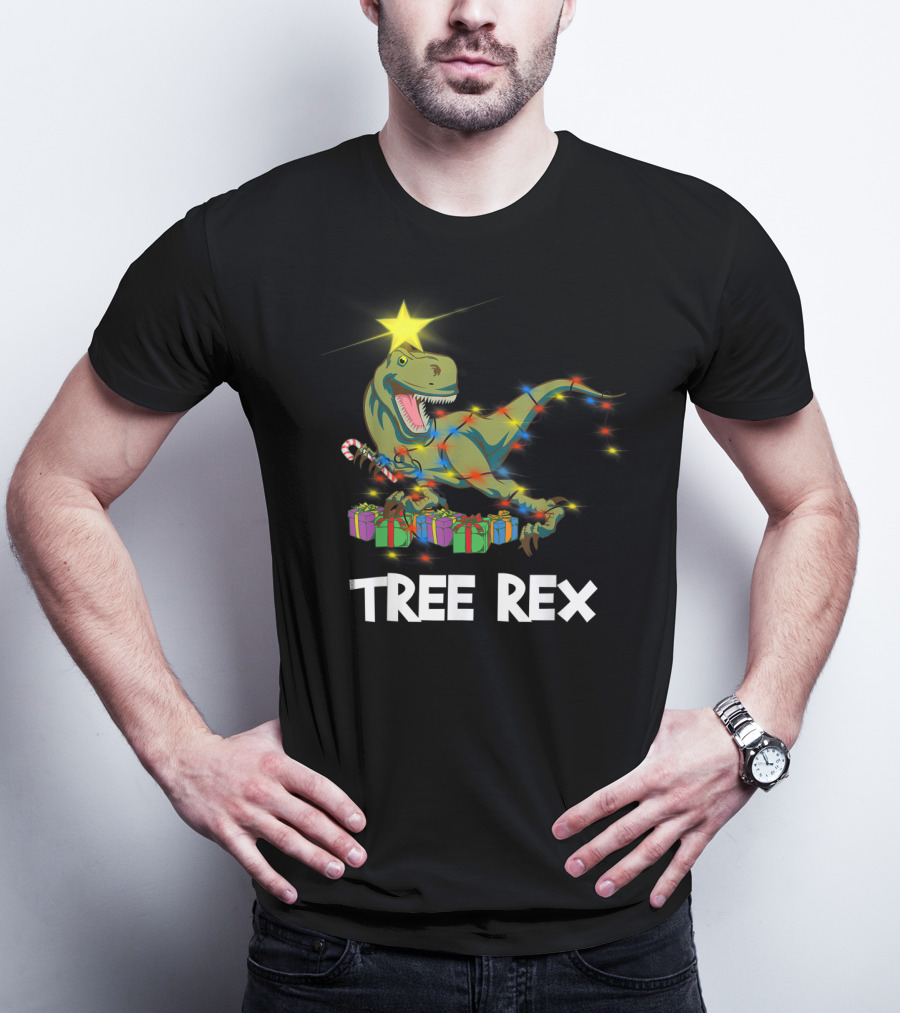 Tree Rex Christmas Dinosaur With Star And Gift Lights T-Shirt