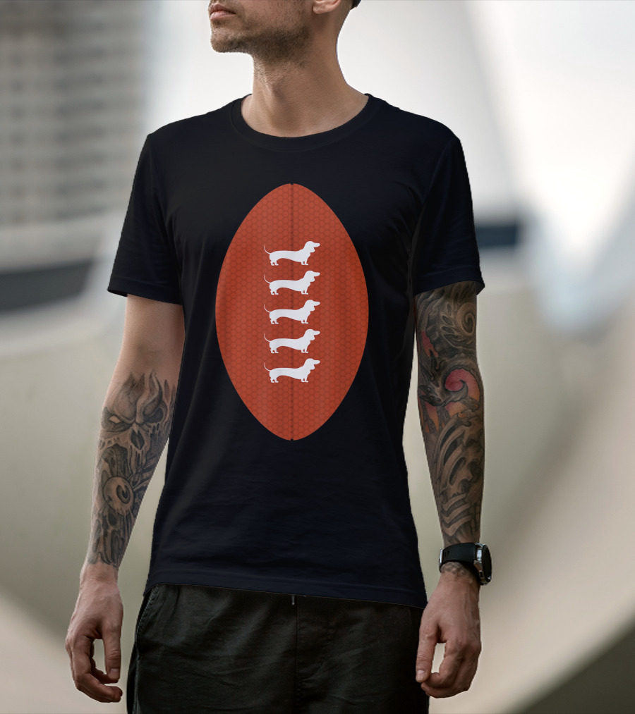 Funny Dachshund Wiener Dog Football Oval Five White Silhouettes On Textured Brown Background T-Shirt